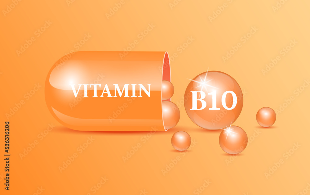 Capsule vitamin B10 structure orange and white with circular bubbles ...