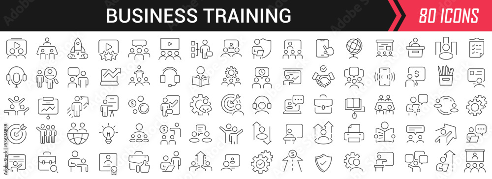 Business training linear icons in black. Big UI icons collection in a ...