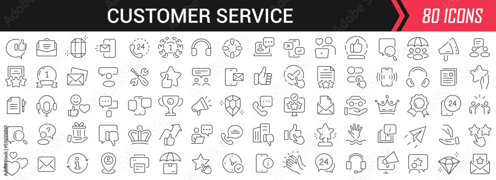 Customer service linear icons in black. Big UI icons collection in a ...