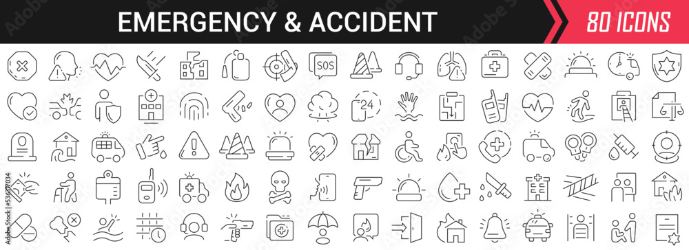 Emergency and accident linear icons in black. Big UI icons collection ...
