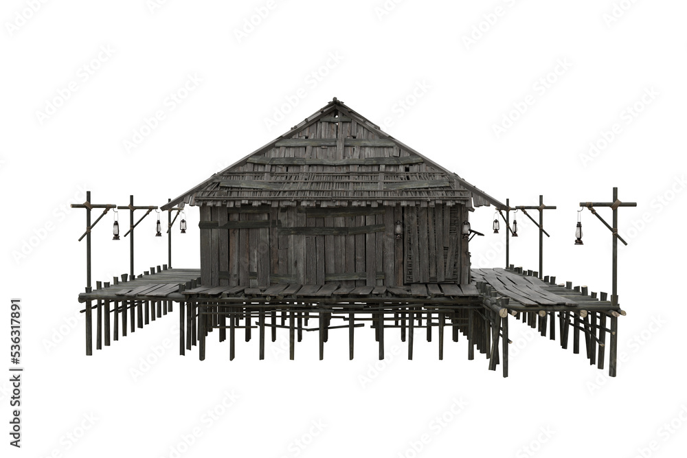 Old wooden swamp house built on stilts over water. 3d rendering ...