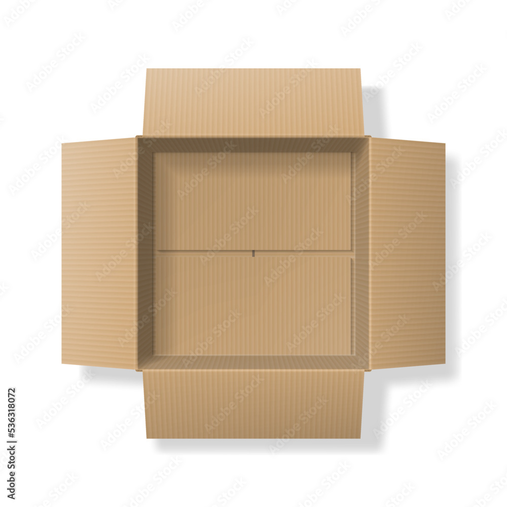Realistic cardboard open box, top view isolated on white background ...