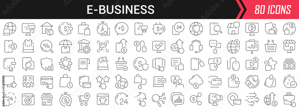 E-business linear icons in black. Big UI icons collection in a flat ...