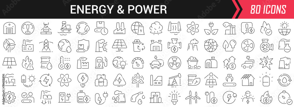Energy and power linear icons in black. Big UI icons collection in a ...