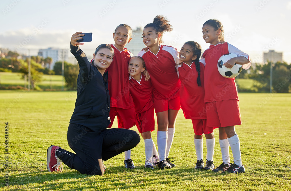 Soccer field, girl team and coach selfie for social media after ...