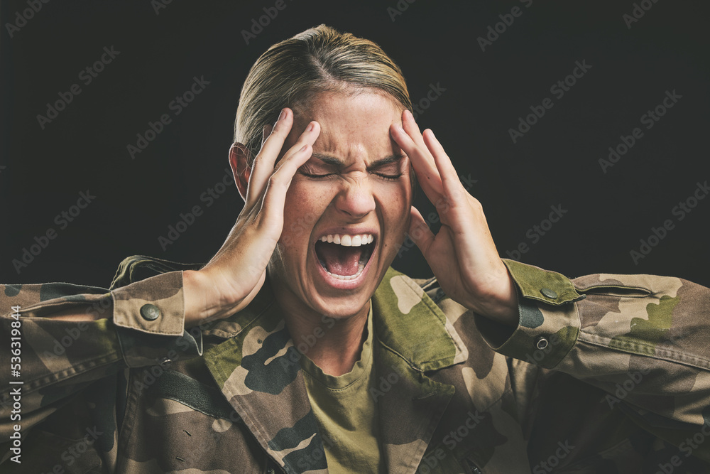 Ptsd, war and mental health with woman soldier suffering from trauma ...