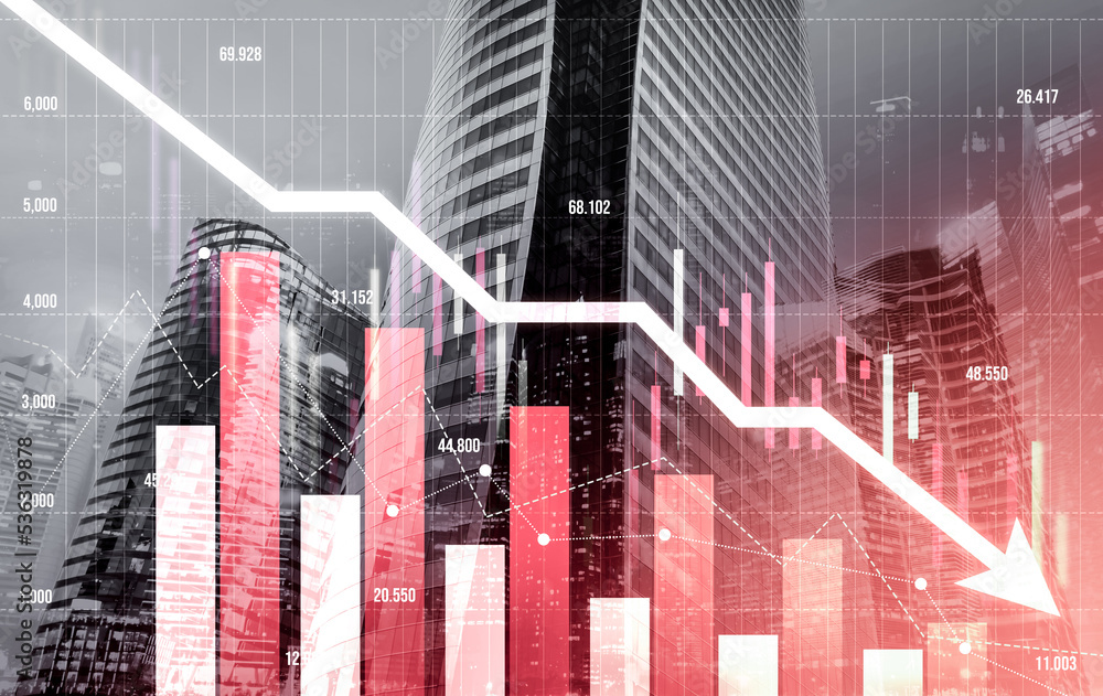 Economic crisis concept shown by digital indicators and graphs falling ...