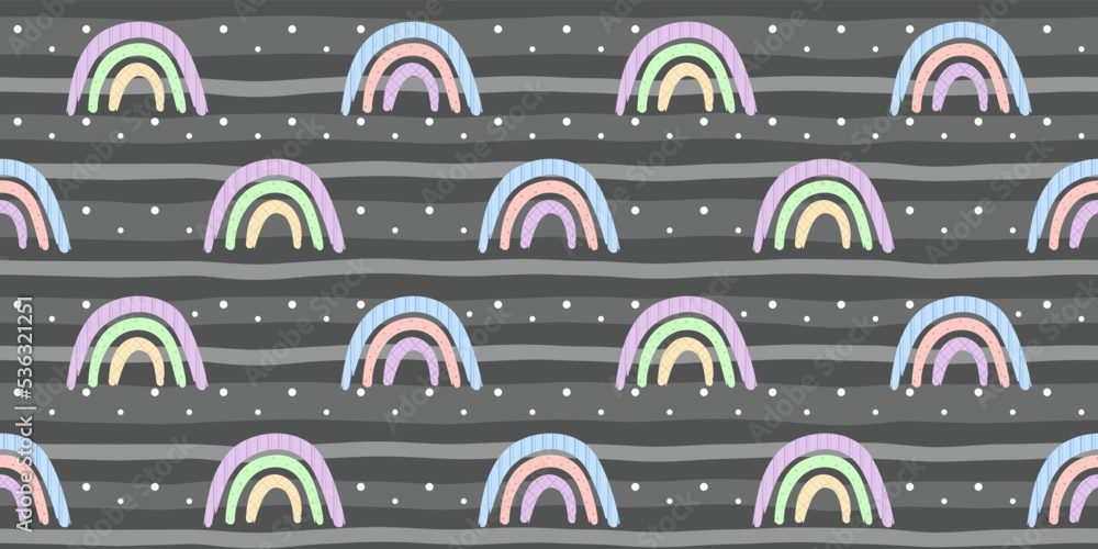 Hand drawn rainbow with textile texture on a grey striped background ...