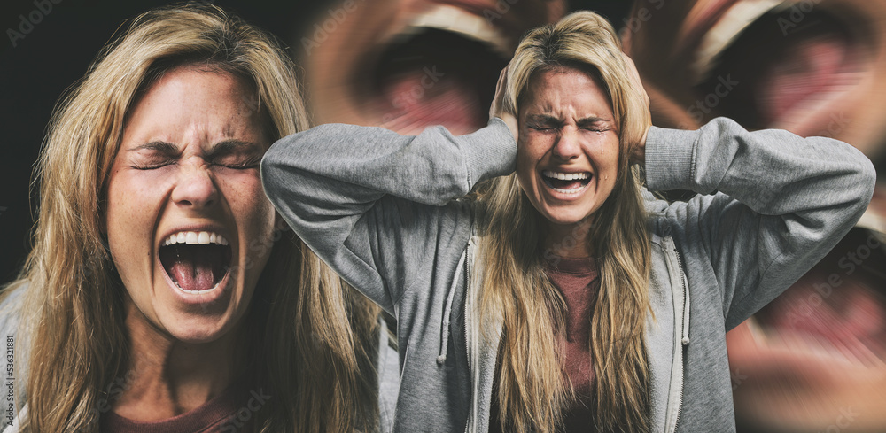 Woman, scream and anxiety with stress, anger and pain on face. Girl ...