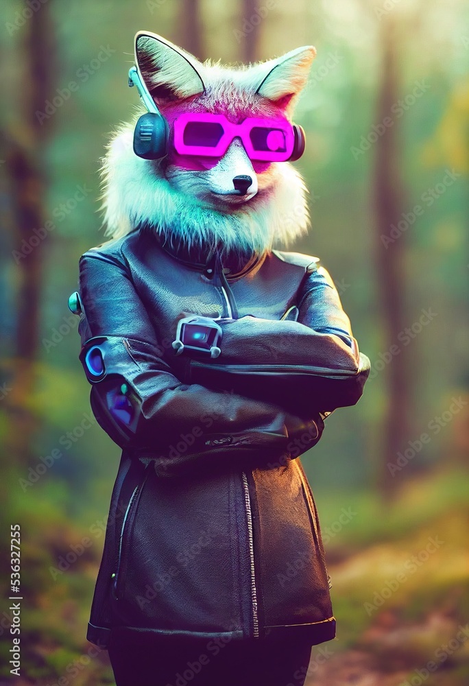 Portrait of a fox wearing a cyberpunk headset, neon virtual glasses ...