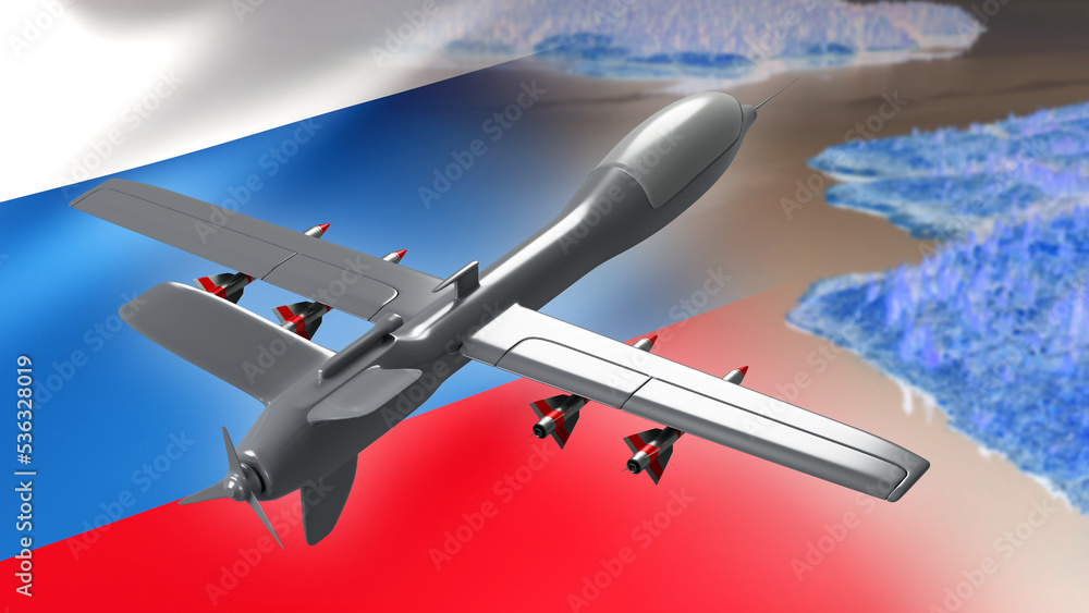UAV and Russian flag. Military drone equipped with missiles. Russian ...