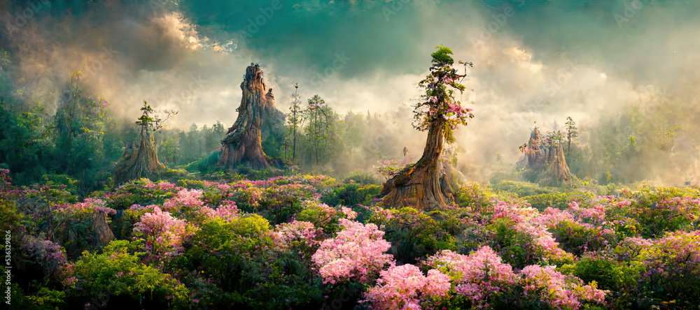 A beautiful enchanted forest with big fairytale trees and great ...