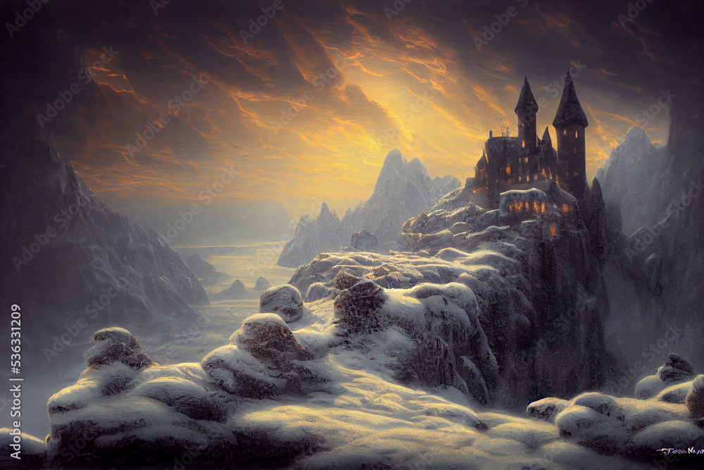 Dark castle in the valley, dark atmosphere of hell and dracula ...