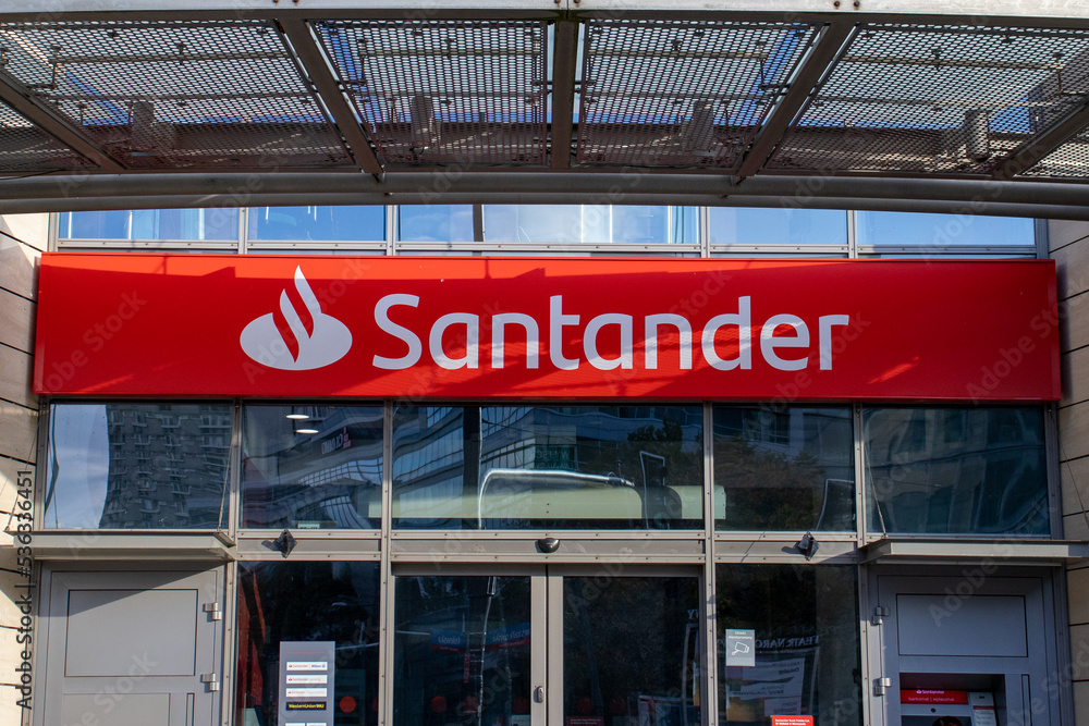 Santander Bank logo. Building with bank logo in Warsaw. Stock Photo ...