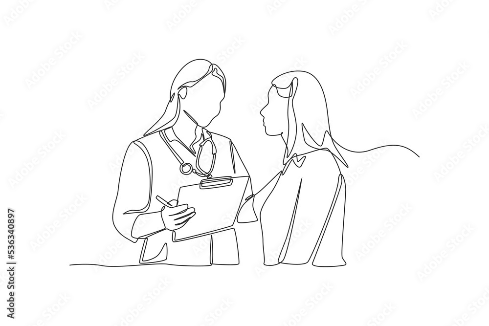 Continuous one line drawing Female Doctor explains medical record to ...