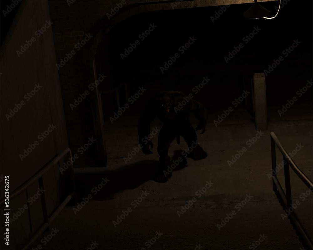 3d illustration of a Werewolf Dogman cryptid in an urban environment ...