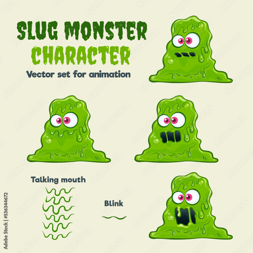 Cute green slime Slug monster character. Vector set for animation Stock ...