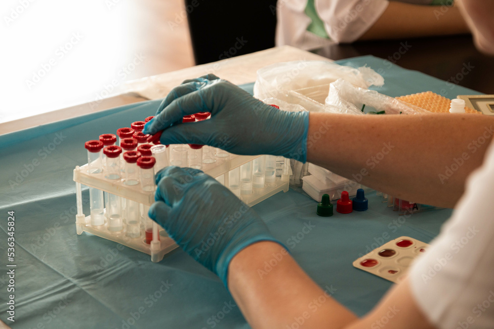 donor's day. a nurse in blue latex gloves takes a blood sample from a ...