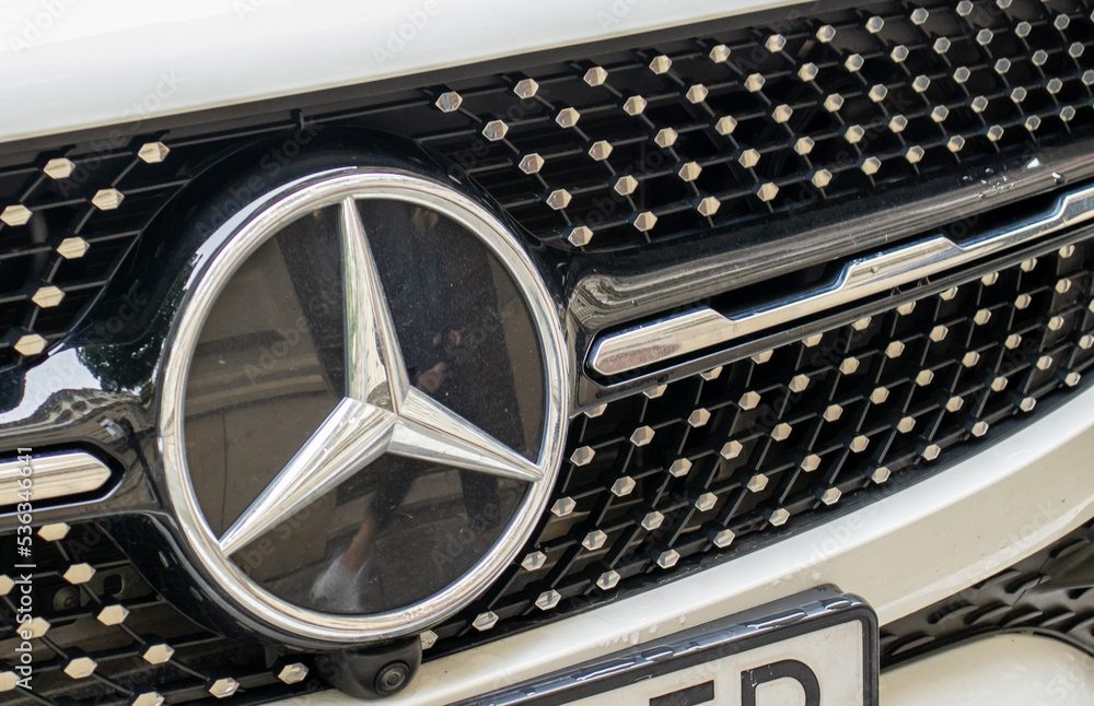 detail logo of car brand Mercedes. Mercedes Benz logo sign. Stock Photo ...