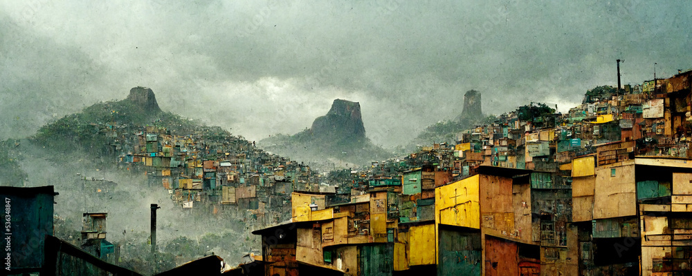 abstract future large favelas or slums and mountains environment ...
