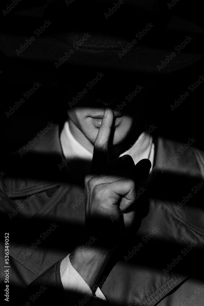 The dark silhouette of a male detective in a coat and hat shows a ...
