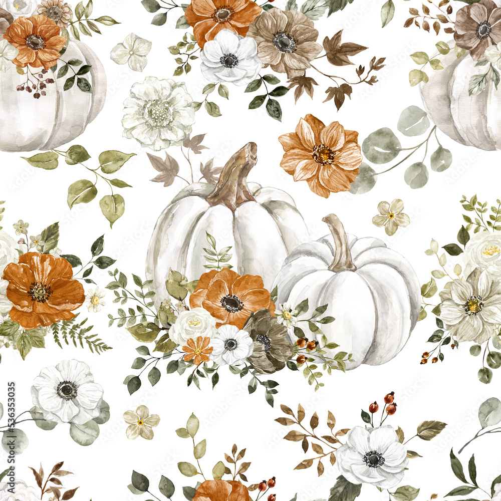 Watercolor fall floral print with white pumpkins and rustic flowers. An ...