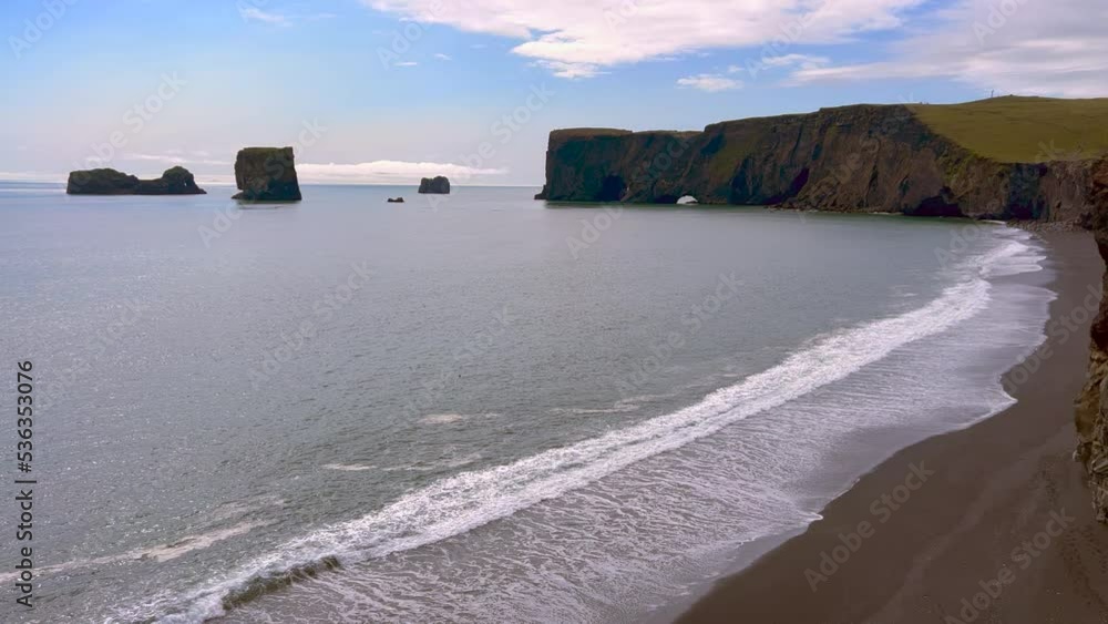 The iconic black sand beaches of Reynisfjara and the sea stacks ...