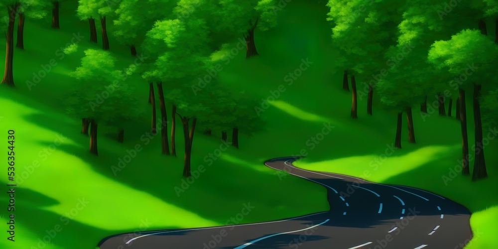 Curved road in the forest between trees. Planking trail in the forest ...