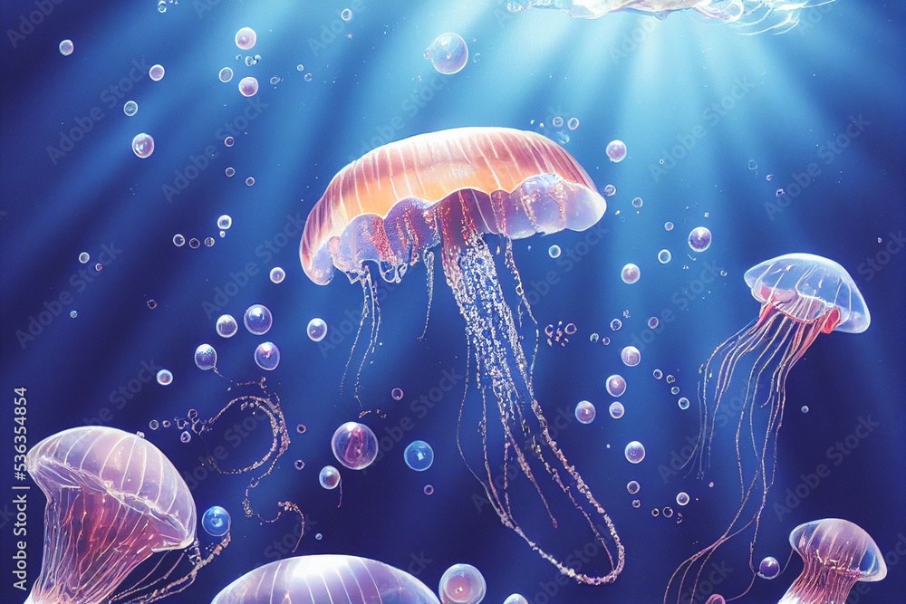 Jellyfish floating in the sea. Beautiful blue ocean life with sparkle ...