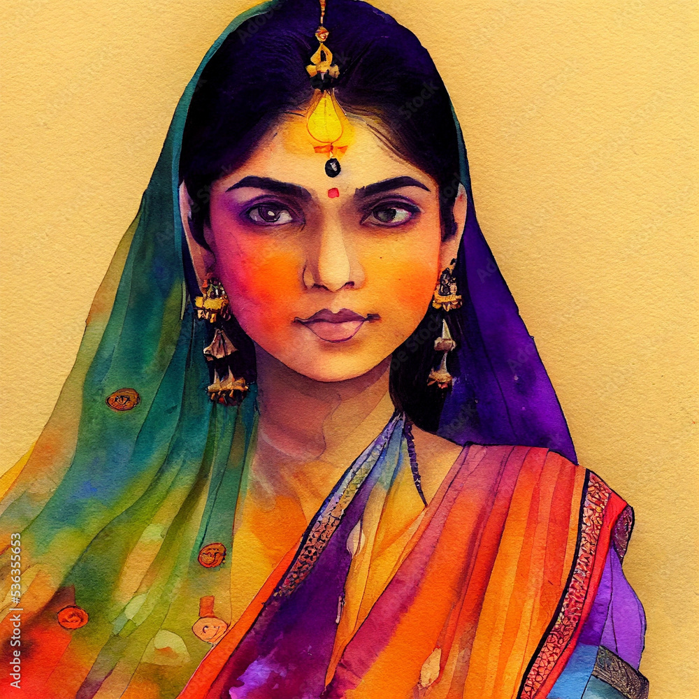 Watercolor portrait smiling of beautiful indian girl. Young indian ...