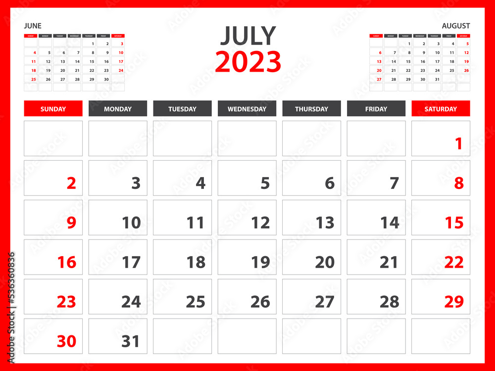 Monthly calendar template for 2023 year - July 2023 year, Week Starts ...