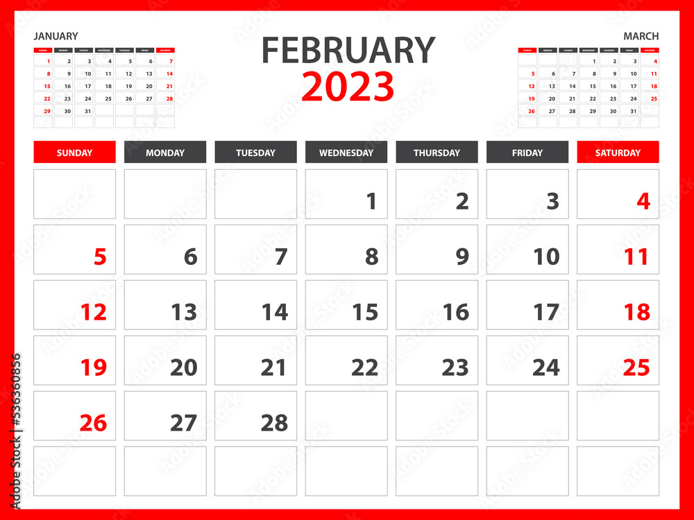 Monthly calendar template for 2023 year - February 2023 year, Week ...