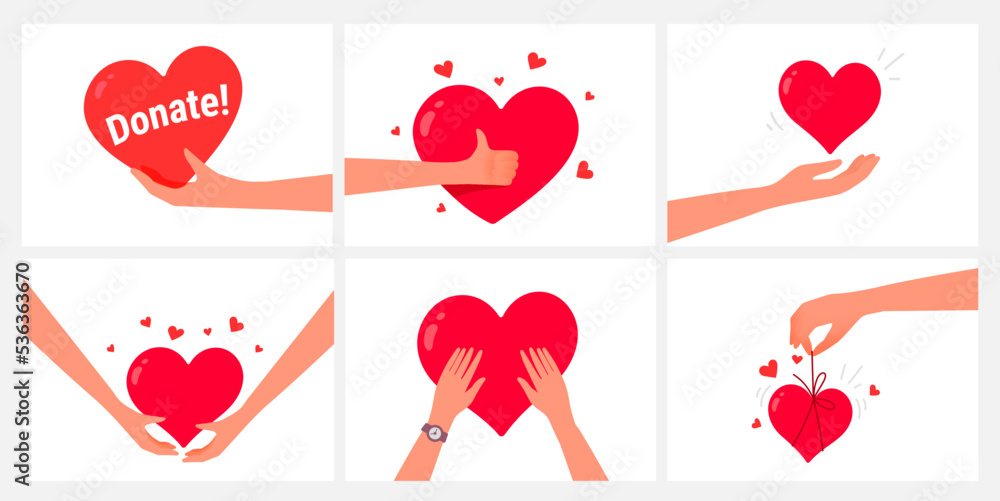 Charity hand give heart. Vector set of kindness donation illustration ...