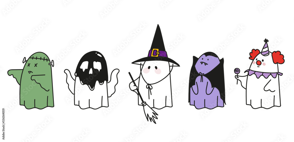 Halloween set cute ghost dressed as frankenstein, dracula, vampire ...