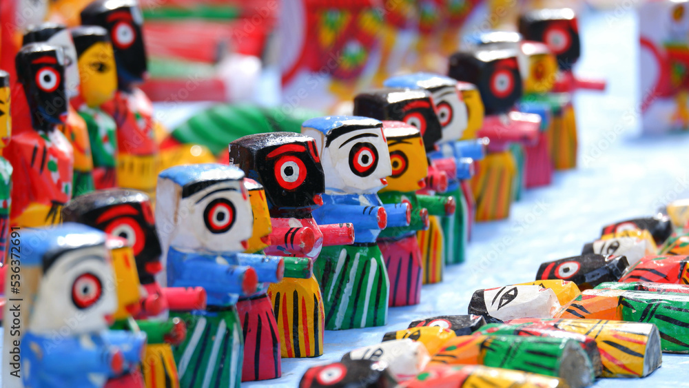 Wooden little size toys of lord jagannath, subadra and balaram during ...