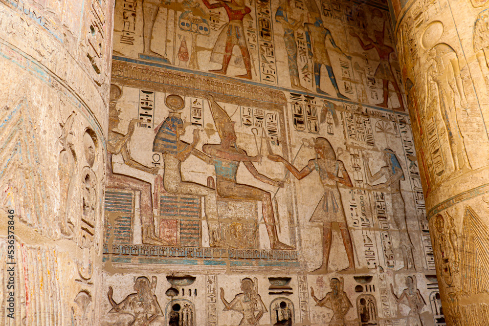 Beautiful ancient egyptian cravings with well-preserved colors at the ...