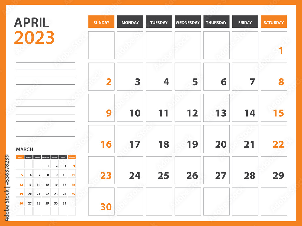 Monthly calendar template for 2023 year - April 2023 year, Week Starts ...