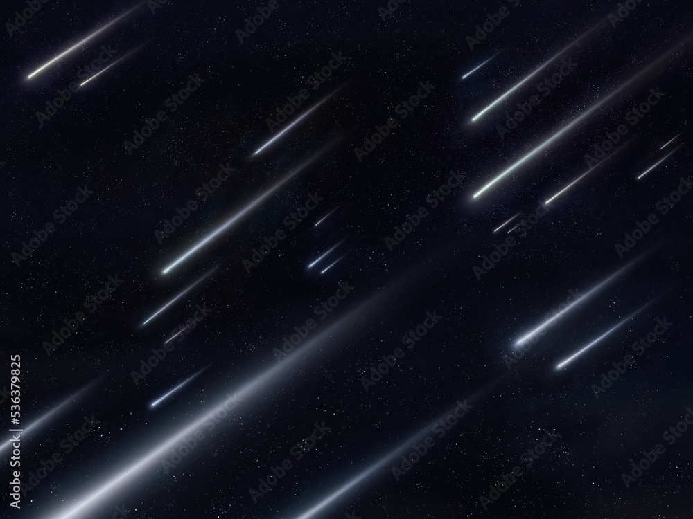 Star rain in the night sky, meteor shower. Stream of glowing meteorites ...
