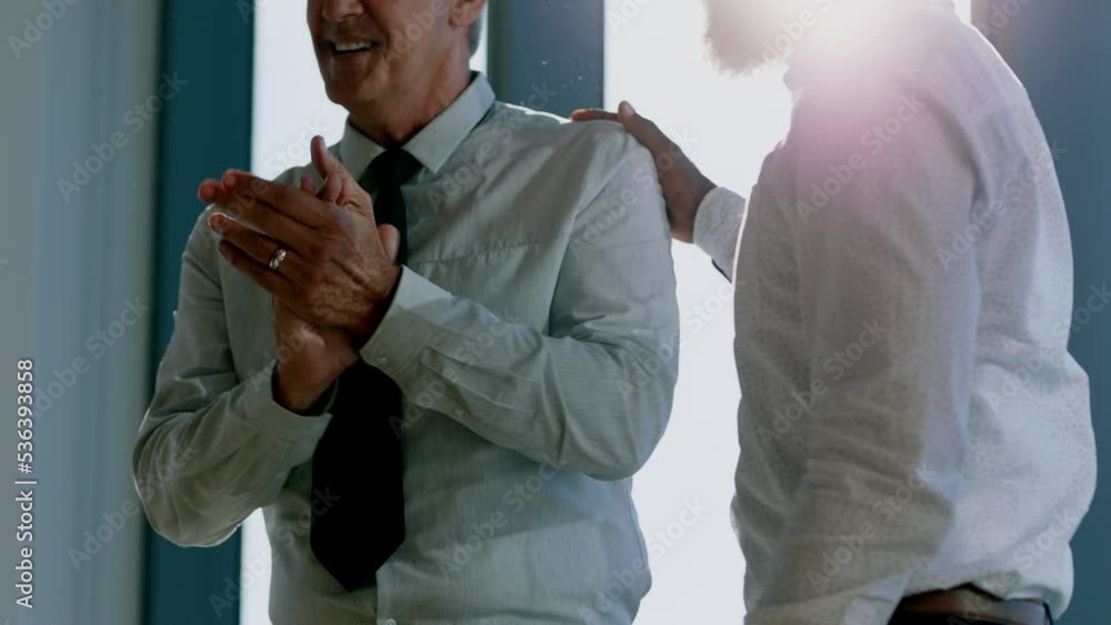 Business men, clapping hands and applause with partner employees and ...