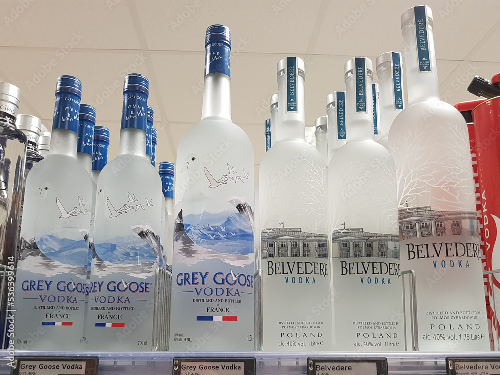 Bottles of Belvedere and Grey Goose vodka on a shelf in a supermarket ...