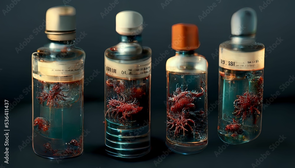 3D rendering of red insects in glass bottles. Stock Illustration ...