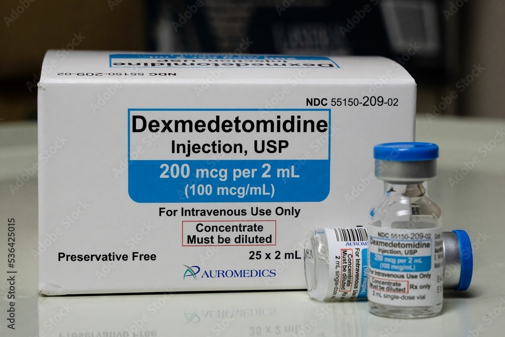 View of the bottles before the box of Dexmedetomidine Injection, USP 50 ...