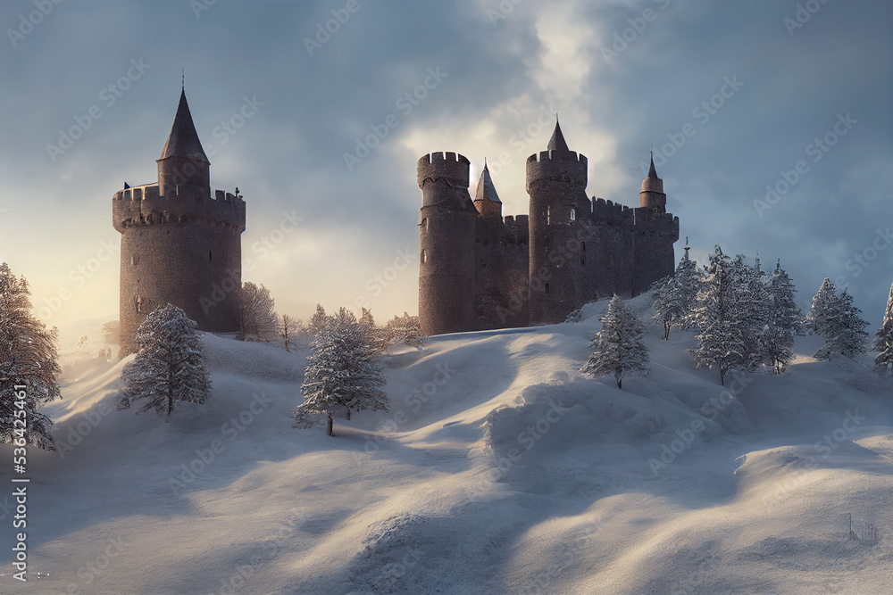 Middle ages, medieval castle in winter. Snowy hills leading up to an ...