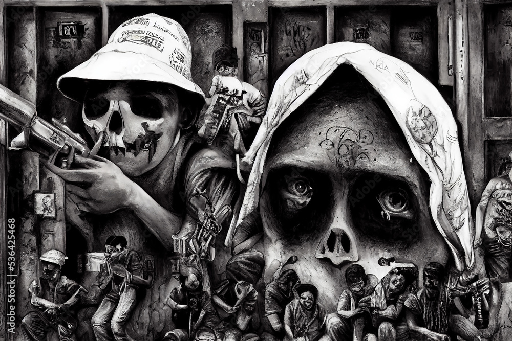 A monochrome artwork featuring Mexican gang activity with day of the ...