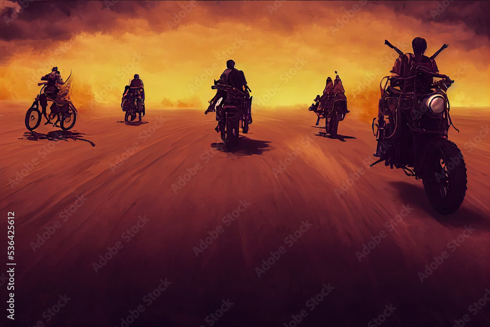A motorcycle, dirt bike gang driving in the desert. High speed dramatic ...