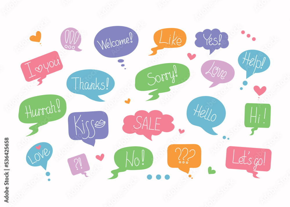 Phrases of conversation in bubbles. Online chat clouds with various ...