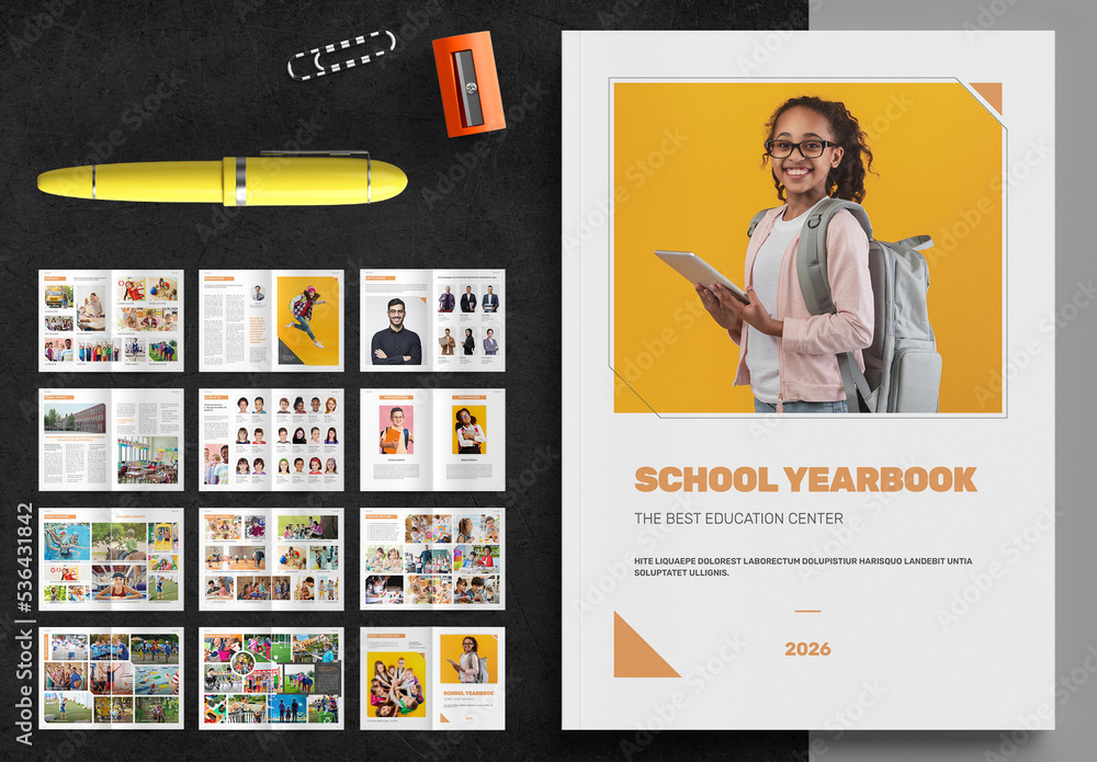 School Yearbook Layout with Orange Accents Stock Template | Adobe Stock