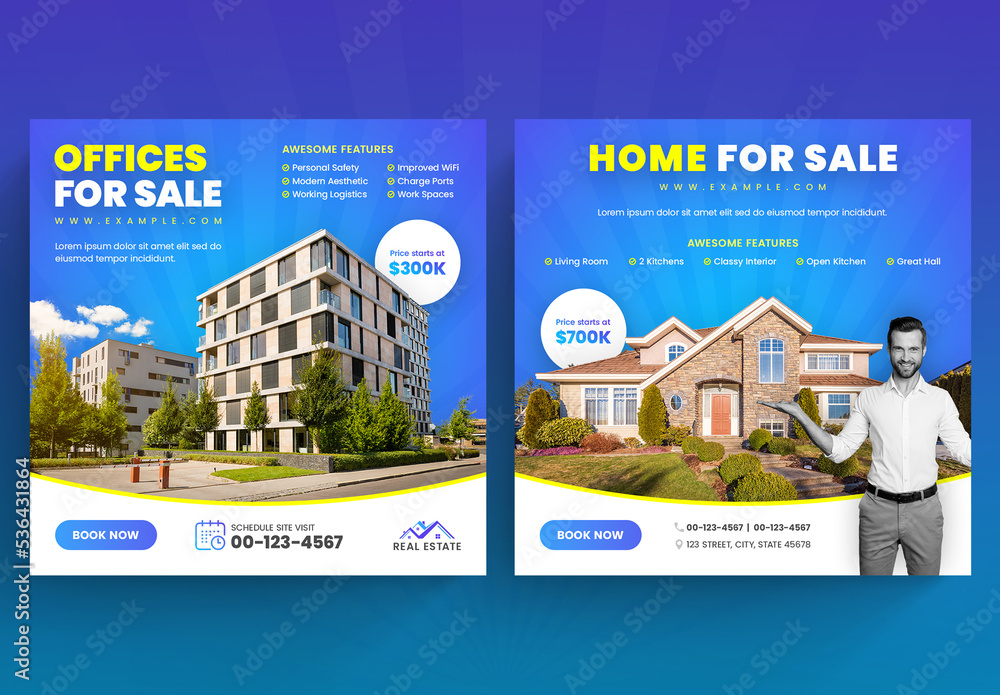Real Estate Property Social Media Post Layout with Blue and Yellow ...