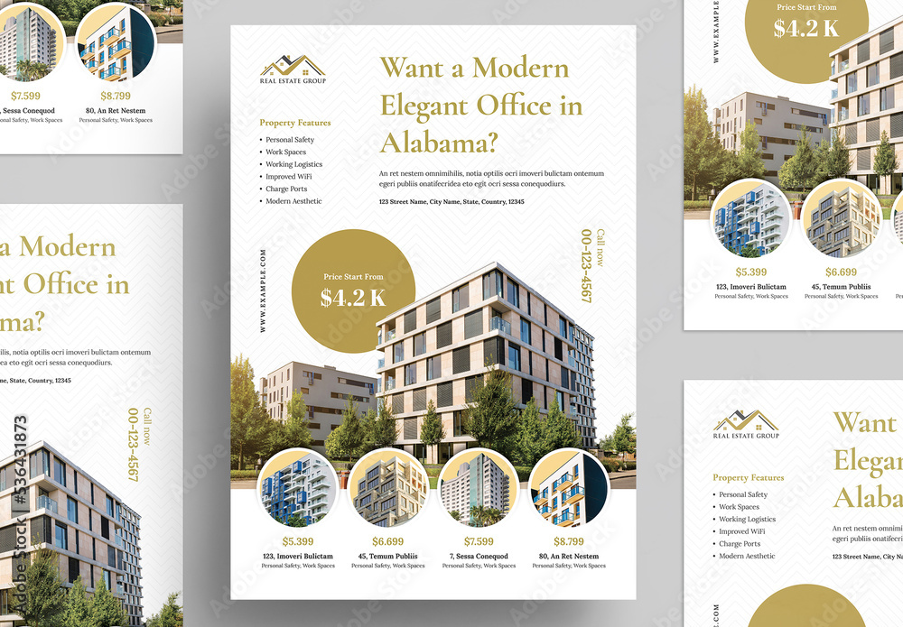 Real Estate Flyer Layout with Golden Accents Stock Template | Adobe Stock