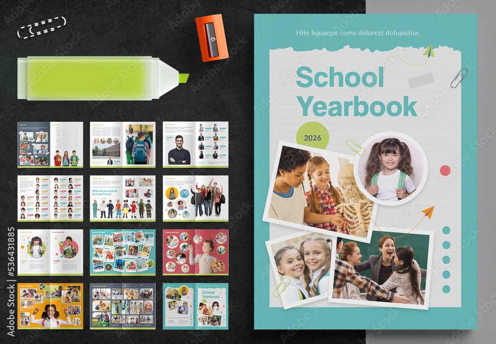School Yearbook Layout with Colorful Accents Stock Template | Adobe Stock